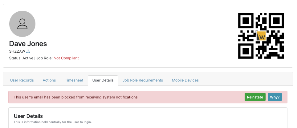 Why is a user's email blocked from receiving system notifications?